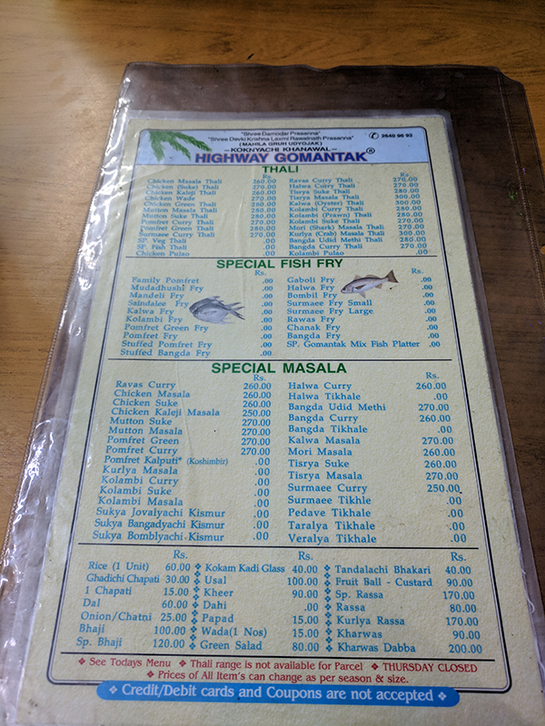Highway Gomantak, Menu | My Annoying Opinions
