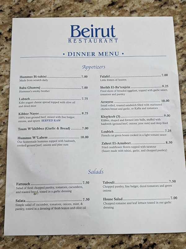 Beirut, Dinner Menu | My Annoying Opinions
