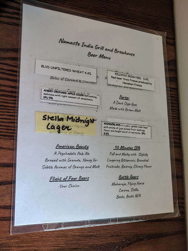 Namaste India Grill, Beer menu | My Annoying Opinions