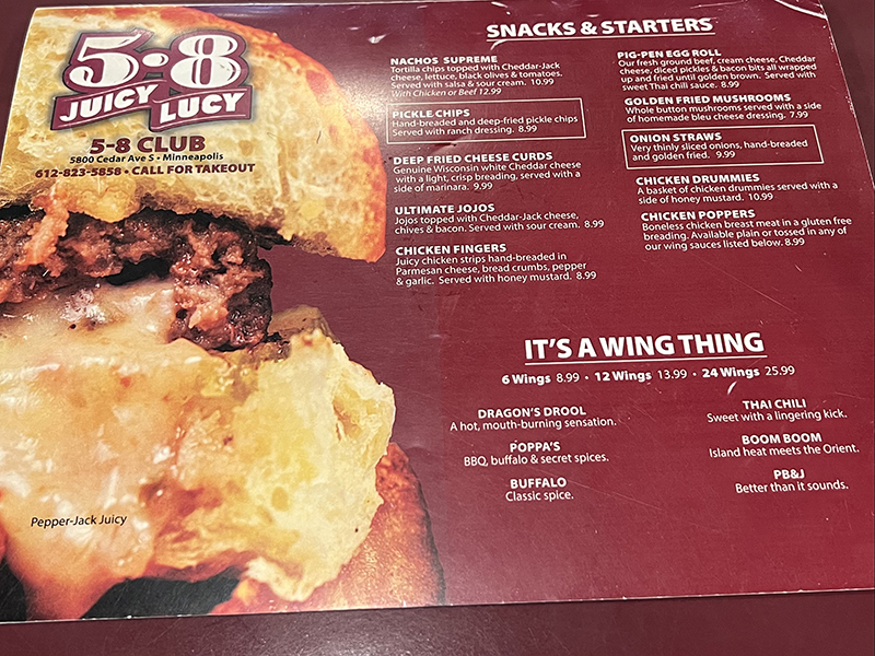 The 5-8 Club, Menu, Snacks, Starters, Wings | My Annoying Opinions