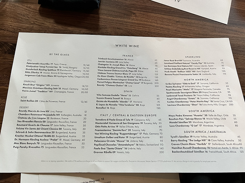 Alma, August 2022, Menu, White Wine | My Annoying Opinions