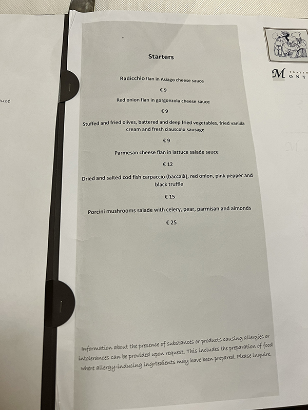 Trattoria Monti, Menu, Starters | My Annoying Opinions