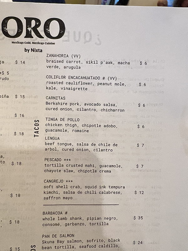 Oro, Menu, Tacos | My Annoying Opinions