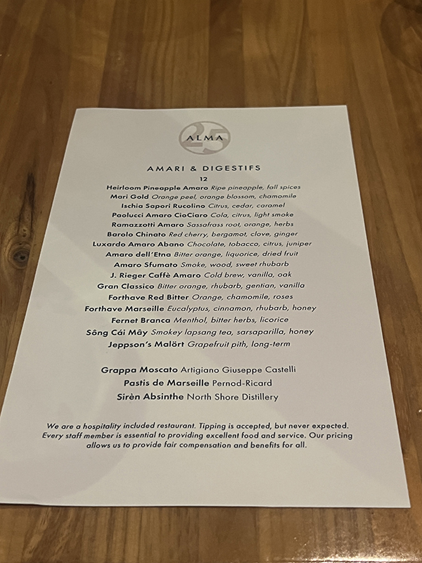 Alma, Menu, Amari and Digestifs | My Annoying Opinions
