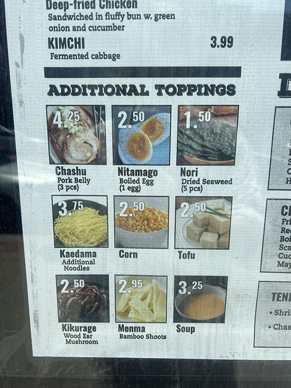 Tenka Ramen, Menu, Additional Toppings | My Annoying Opinions